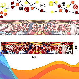 Movie Theme Party Decorations Include Large Fabric Backdrop Happy Birthday Background 5 x 3 Feet Movie Now Showing Banner 6 x 1 Feet for Movie Night with Rope