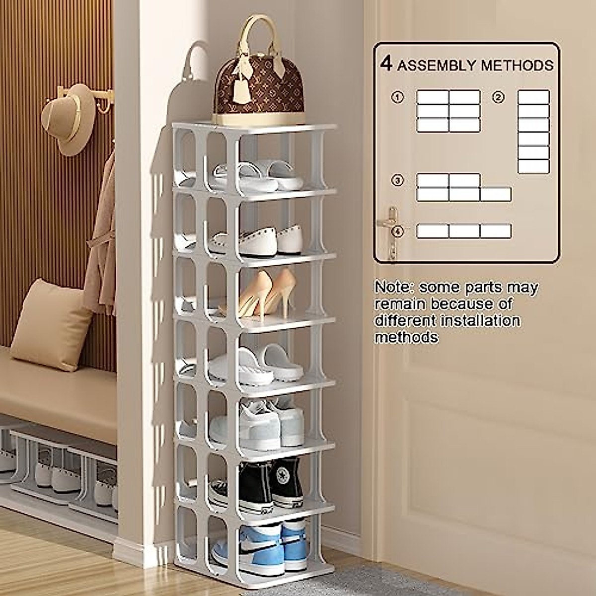 White Shoe Rack Organizer 8 Tier Narrow Shoe Rack for Closet, Durable Modern Shoe Stand Stacker, Free Standing Shoe Racks Vertical Small Entryway Hallway Shelf, Easy Assembly Shoe Tower Rack
