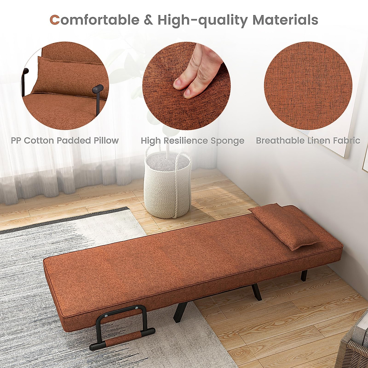 POWERSTONE Convertible Sleeper Chair Bed, 4 in 1 Living Room Reading Chair with Pillow, Arm and Adjustable 5 Position Backrest Single Sofa Bed, Coffee