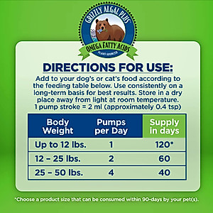 Grizzly Algal Plus Omega Fatty Acids Supplement for Dogs & Cats, 8 Fl Oz - Vegan, Plant-Sourced & Made in USA Algal Oil Omega 3-6-9, Healthy Skin & Coat
