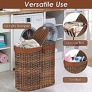 Giantex Double Laundry Hamper with Lid, Oval Laundry Basket with 2 Removable Liner Bags, Portable Handwoven Clothes Sorter Bin for Living Room Bedroom Laundry (Brown)