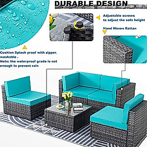 SUNLEI 5pcs Patio Outdoor Furniture Sets Conversation Set,Low Back All-Weather Rattan Sectional Sofa with Tea Table&Washable Couch Cushions(Silver Rattan)(Blue)