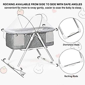 INFANS 2 in 1 Rocking Bassinet for Newborn Baby, One-Second Fold Travel Crib with Detachable & Thicken Mattress, Height Adjustable Legs, Mosquito Net, Cradle with Rock Mode & Stationary (Gray)