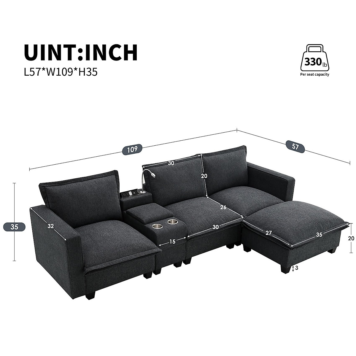 Merax 109" x 57" Modular Sectional Couches Sofa with Console, USB Charging Port, Reading Light, Cup Holder, Storable, Chenille Chaise Lounge for Living Room, Apartment Furniture, Grey