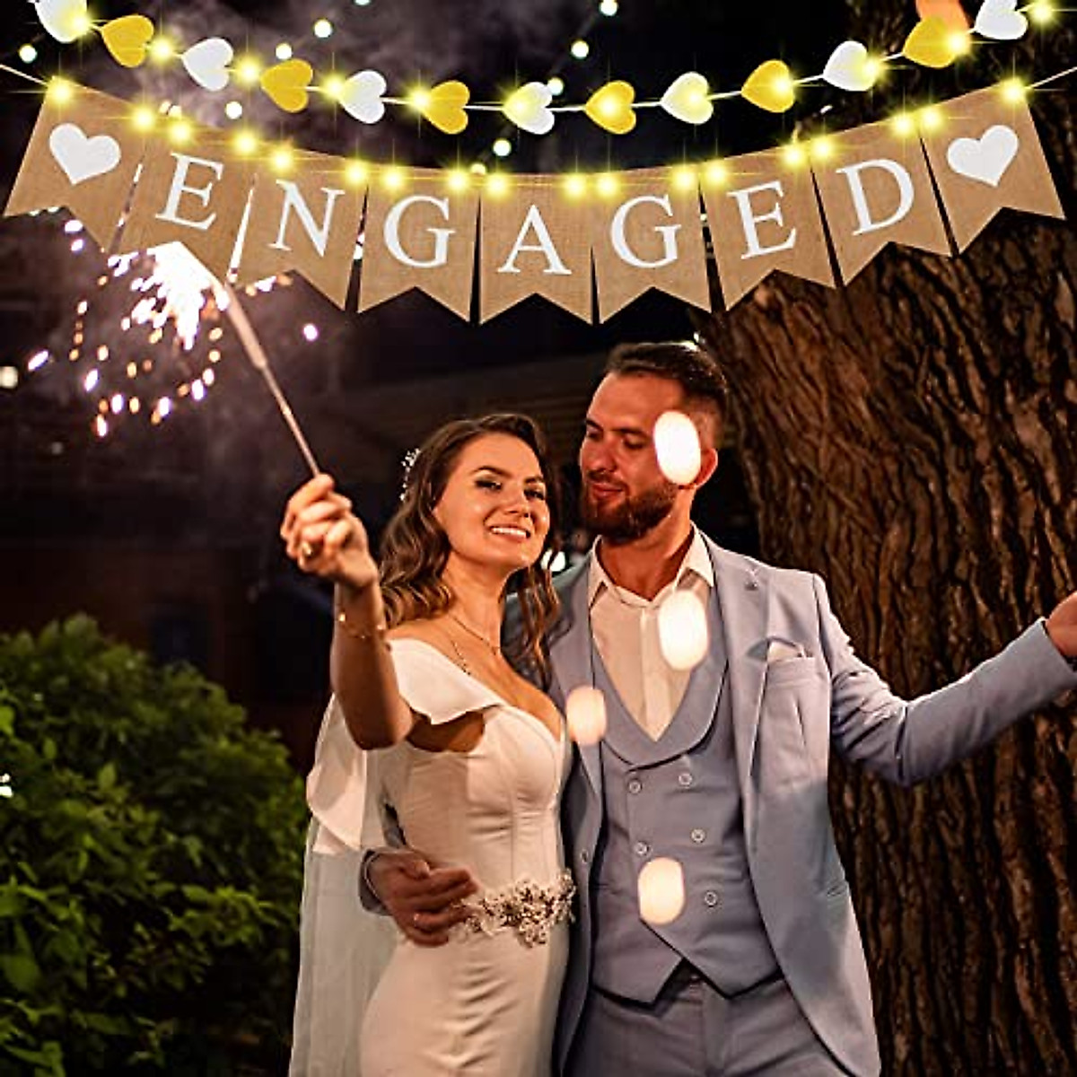 Engaged Banner Heart Garland and LED String Lights Set Rustic Burlap Bunting Garland White Gold Hanging Love Heart Streamer Banner for Wedding Engagement Party Bridal Baby Shower Birthday Decorations