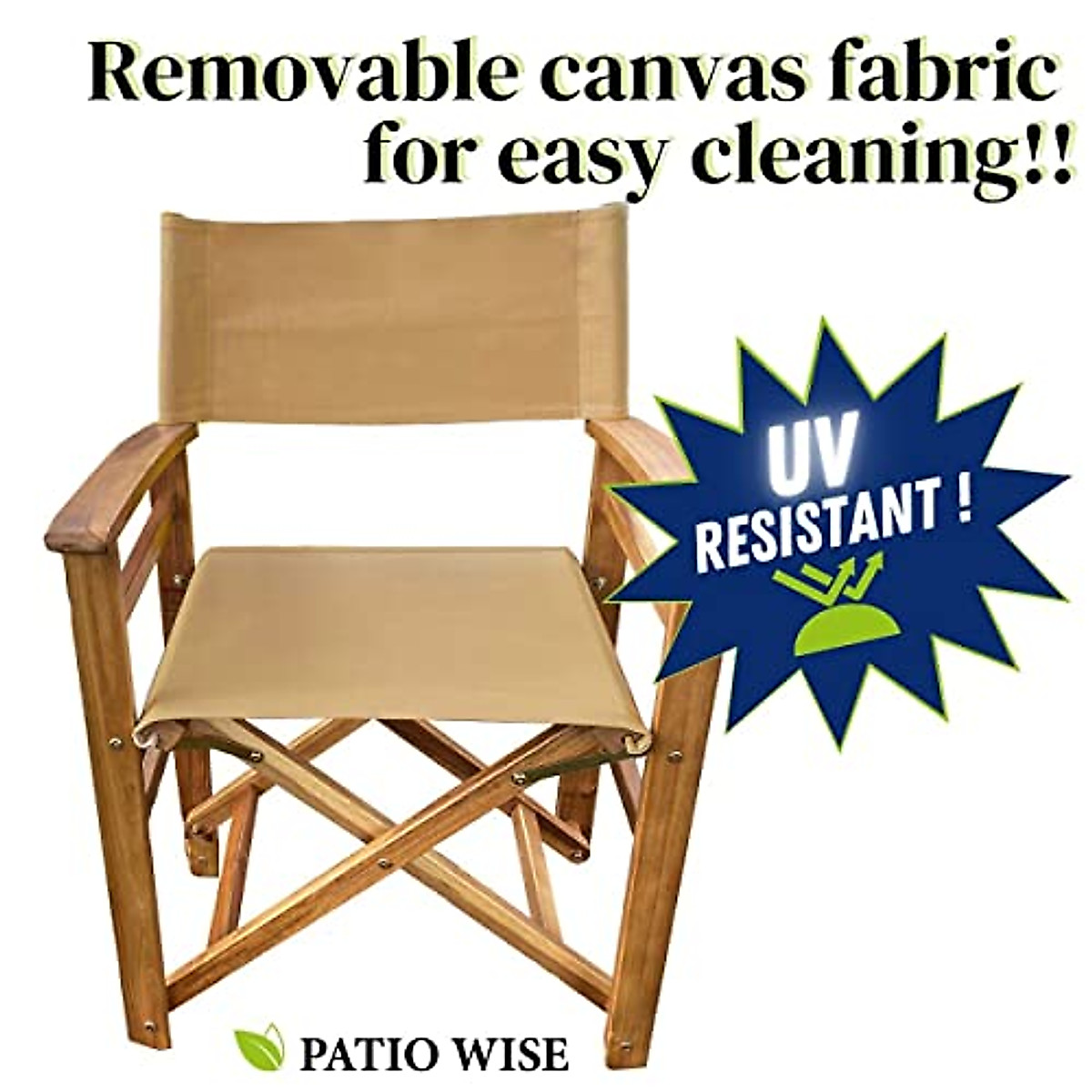 Patio Wise Classic Wooden Folding Director's Chair, 18-Inch Foldable Indoor/Outdoor Seat, Collapsible & Portable Style, 23.5" W x 20" D x 33.5" H, Wood Frame & Arms with Heavy-Duty Tan Canvas