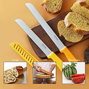 2PCS Bread Knives, Ohola 9 inch Orange Handle Bread Knife & 8 inch Yellow Handle Bread Knife, Serrated Bread Knife Cutter for Slicing Homemade Bread, Bagels, Cake (Matched Knife Sheath Included)