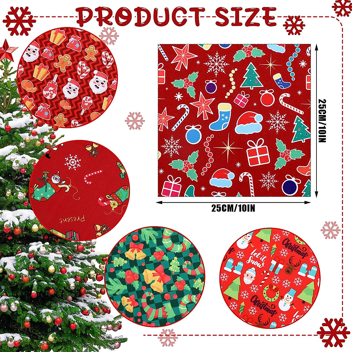 Ganeen 100 Pcs 10 x 10 Inch Winter Christmas Fabric Squares Snowflake Snowman Santa Quilting Fabric Bundles Red Green Blue Fat Fabric Patchwork Scraps Pre Cut Quilt Squares for DIY Craft