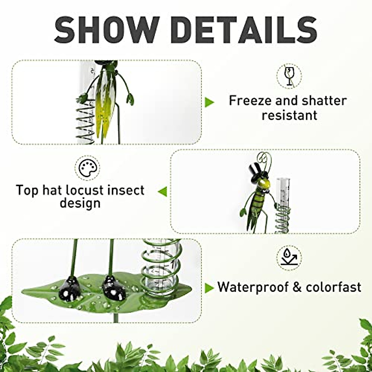 SaphiRose Rain Gauge Stake for Yard Garden Stakes Decor Outdoor Metal Locust Figurine with Plastic Tube - 5.31" W x 6.1" D x 40" H