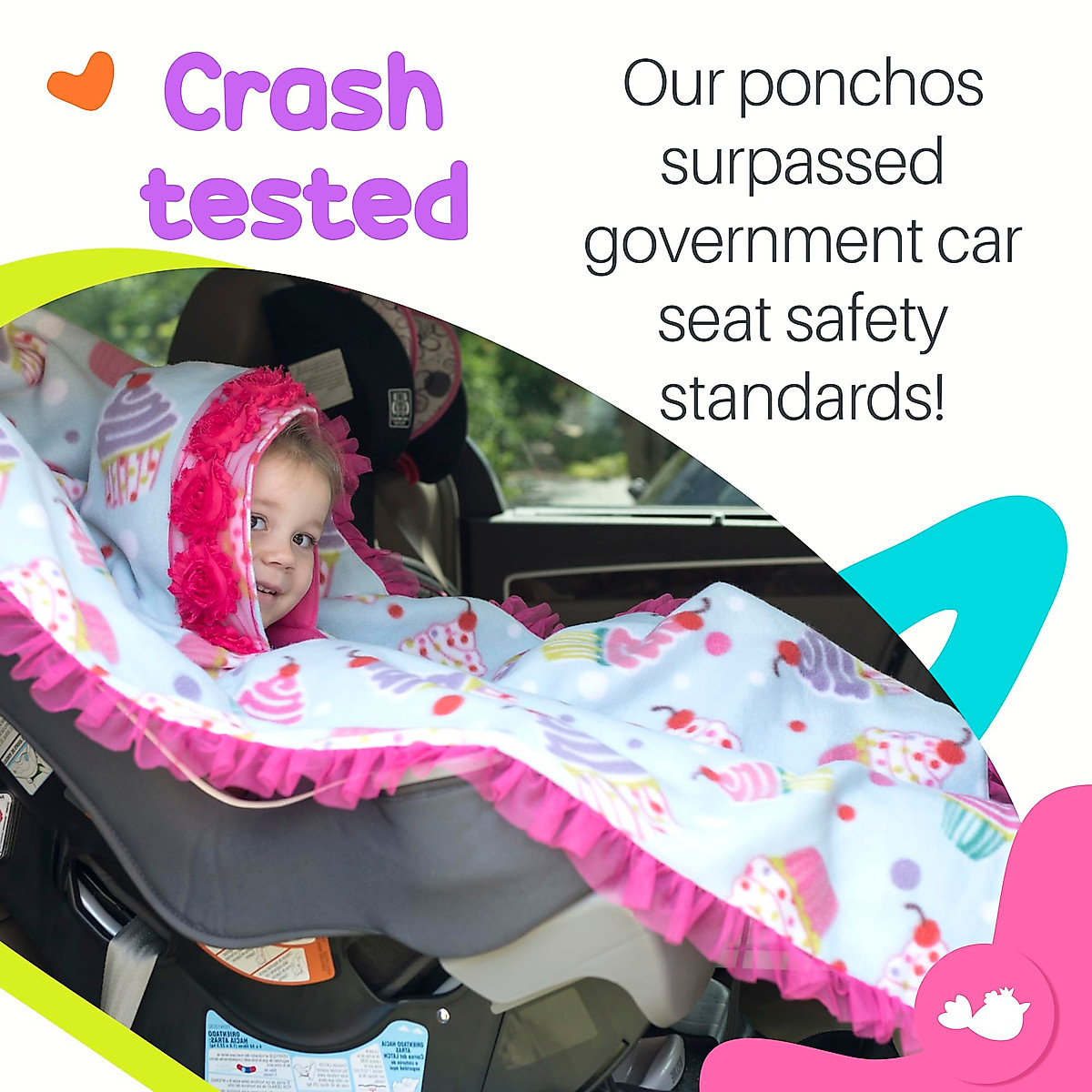Birdy Boutique Car Seat Poncho for Kids – Safe to Use Over Seat Belts – Reversible Warm and Cozy Blanket – Easy on Easy Off and Doesn’t Impact Car Seat Performance – Cupcake – One Size