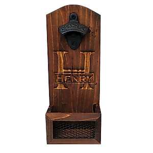 Personalized Wall Mount Rustic Walnut Wooden Bottle Opener with Cap Catcher, Wall Mounted Bottle Opener, Groomsman Gift Best Man Gift Birthday Gift Wedding Gift for Him