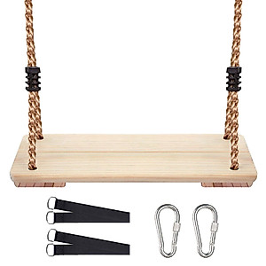 Wooden Tree Swing Set, Wooden Swing Seat with 2 Carabiners, 2 Strengthen Straps and Adjustable Rope for Kids Indoor Outdoor, 17.7'' x 7.5'' x 1.2''