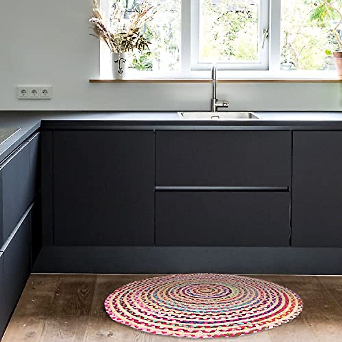 INDIAN ARTISTIC Jute Cotton Multi Chindi Round Rag Rug 3X3' | Hand Woven Rug & Reversible Rug | Cotton Rag Rug | Handmade Multicolored Reversible Braided Rag Rug | Runner Rugs (Round Shape)