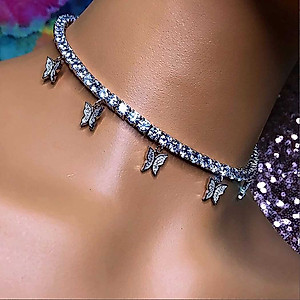JONKY Rhinestone Choker Necklace Butterfly Pendant Necklaces Chain Sparkly Tennis Necklace Fashion Party Jewelry for Women and Girls (Silver)