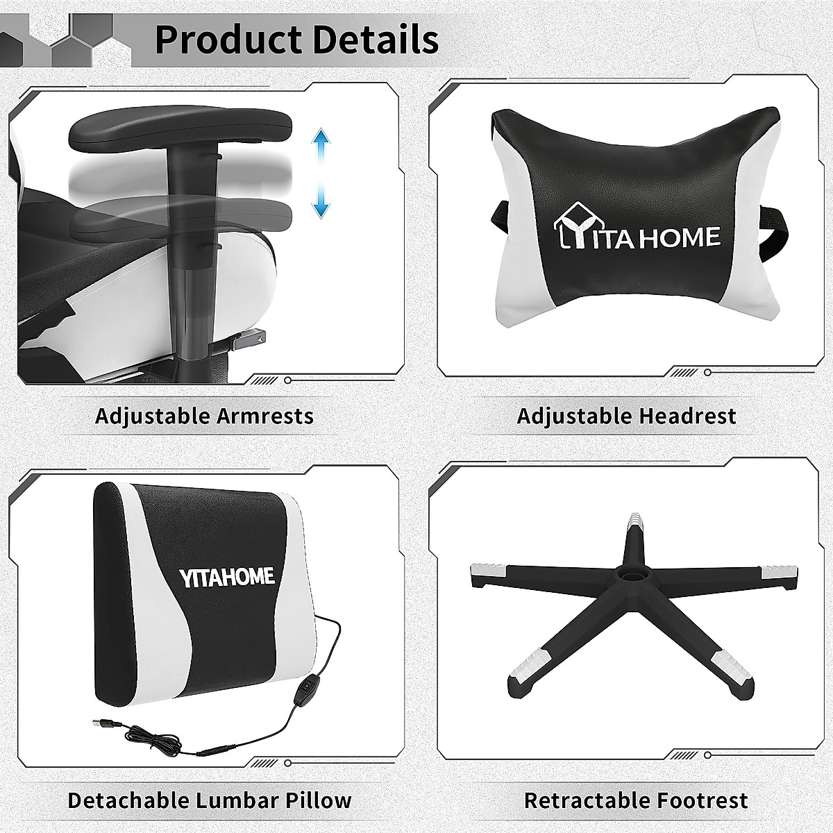 YITAHOME Massage Gaming Chair Big and Tall 350lbs Heavy Duty Ergonomic Video Game Chair High Back Office Computer Chair Racing Style with Headrest and Lumbar Support,White