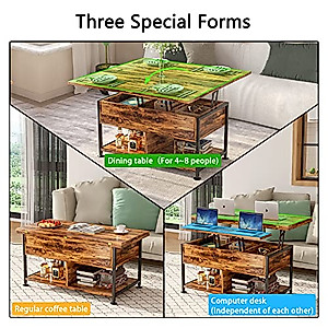 cosimates Lift Top Coffee Table ，4 in 1 Multi-Function Coffee Table with Hidden Compartment ，Modern Lift Tabletop Dining Table for Living Room Reception/Home Office, Rustic Brown