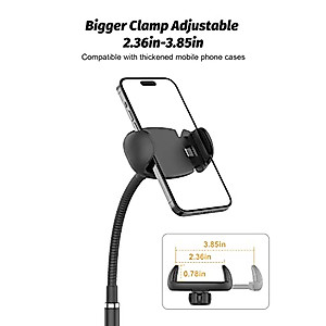 Cell Phone Stand, Adjustable Height & Angle Gooseneck Phone Stand for Desk Flexible Arm Universal Phone Holder, Aluminum Alloy Desktop Phone Stand for Recording Compatible with 3.5"-7" Device (Black)
