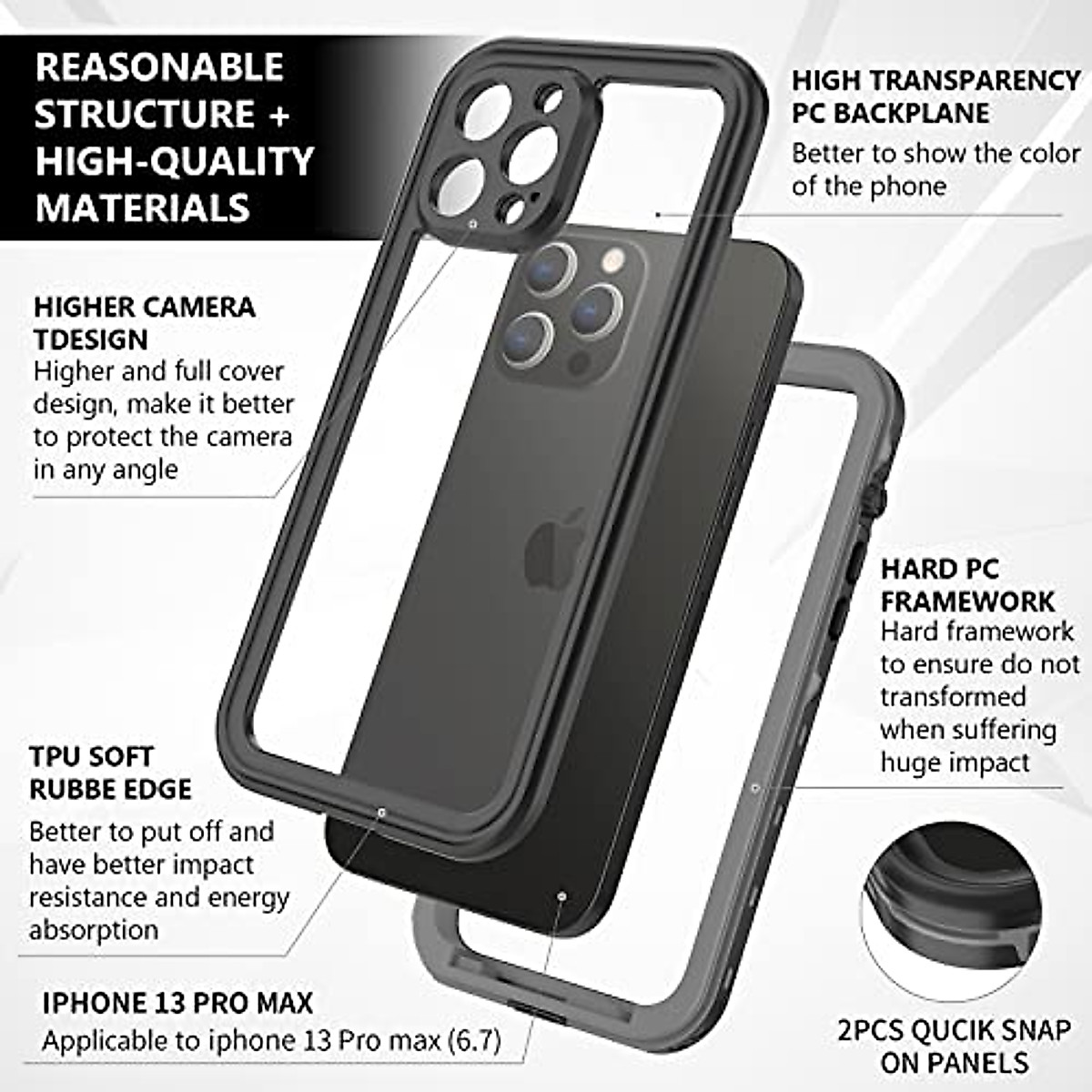 MAXCURY Waterproof Case for iPhone 13 Pro Max, Heavy Duty Shockproof Case Built in Screen Protector for Men & Women, Full Body Protection Apple Cover for 13ProMax 6.7 inch Phone (Black)