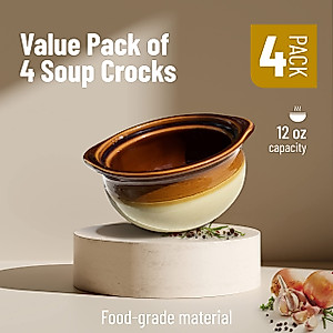 Furmaware French Onion Crock Soup Bowls, French Onion Soup Bowls, French Onion Soup Crocks Oven Safe, French Onion Soup Bowls Oven Safe, Set of 4, 12 ounces - 4 ½” x 2 ½”