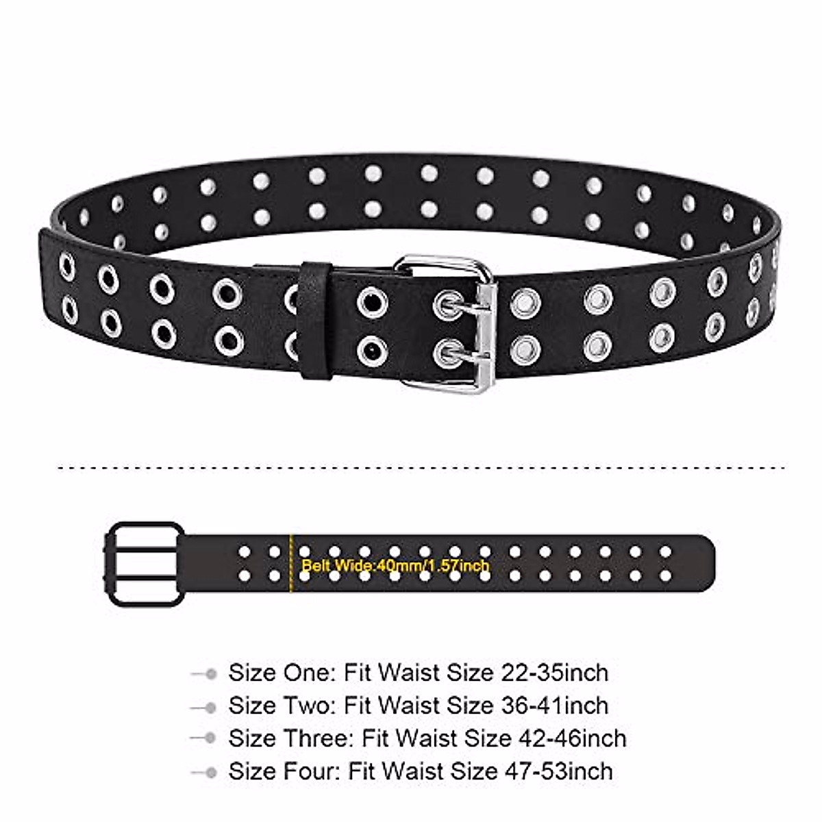 XZQTIVE Double Grommet PU Leather Belt for Women/Men Punk metal Jean Belt Wide 1.5 Inch, Black, Fit Pants 35-40 inch