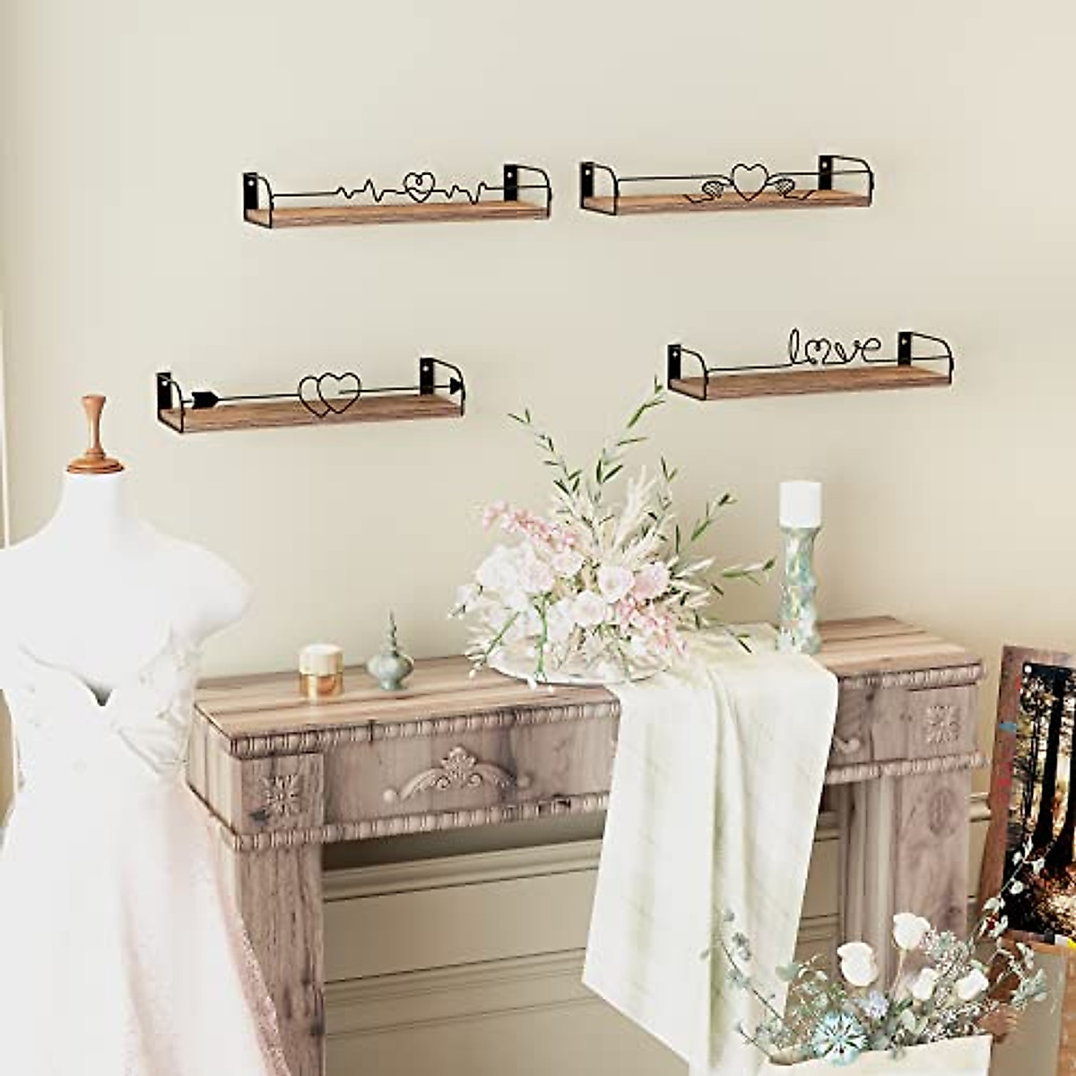 Lyeasw Floating Shelves Heart Shaped Wall Shelf, Rustic Wood Heart Shaped Shelving for Bedroom Kitchen Living Room Nursery Bathroom, Set of 4