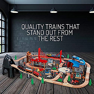 Maxim 100 pc Mountain Wooden Train Set with Roundhouse for Toddler with Double-Side Train Tracks Fits Brio, Thomas, Melissa and Doug, Kids Wood Toy Train for 3,4,5 Year Old Boys and Girls
