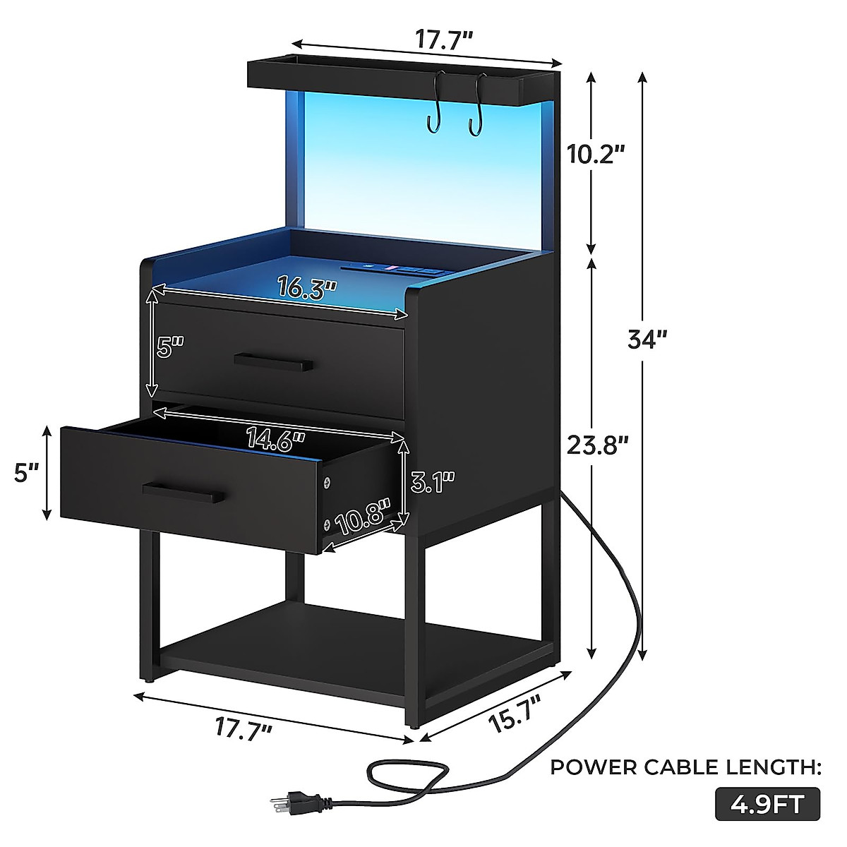 MSmask Black Night Stand with Charging Station, LED Night Stand with 2 Drawers and Open Storage Shelves, Modern Bedside Table with USB Ports&Outlets, End Side Table for Bedroom, Dorm