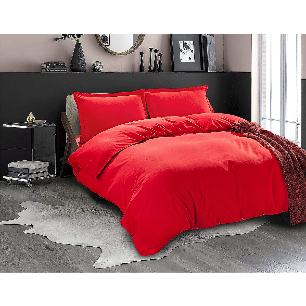 La Calypso Bedding 100% Cotton 600 Thread Count 4 Piece Duvet Set, 1 Duvet Cover with Button Closure & Corner Ties, 1 Fitted Sheet 21" Deep Pocket and 2 Pillow Cover (Queen Size, Red)