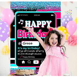 Happy Birthday Party Backdrop,Tic tok Birthday Decoration,Twinkle Pink Blue Backdrop,Musical Theme Party Supplies,Bling Pink Backdrop,Colorful Backdrop,Tic TOC Happy Birthday Banner with A Gift Pen