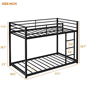 Twin Over Twin Metal Bunk Bed, Low Bunk Bed with Ladder for Kids,Toddlers,Teens,No Box Spring Needed， Black
