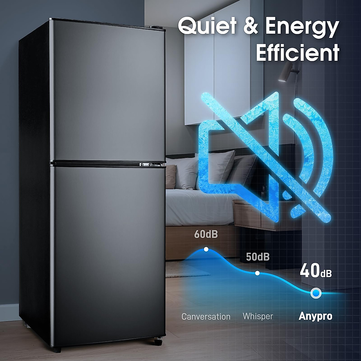 Anypro Fridge with Bottom Freezer and Drawer, 4.1 Cu.Ft Double Door Refrigerator with 7 Adjustable Temperature Settings for Bedroom, Dorm, Office, Apartment, Large Capacity, Black