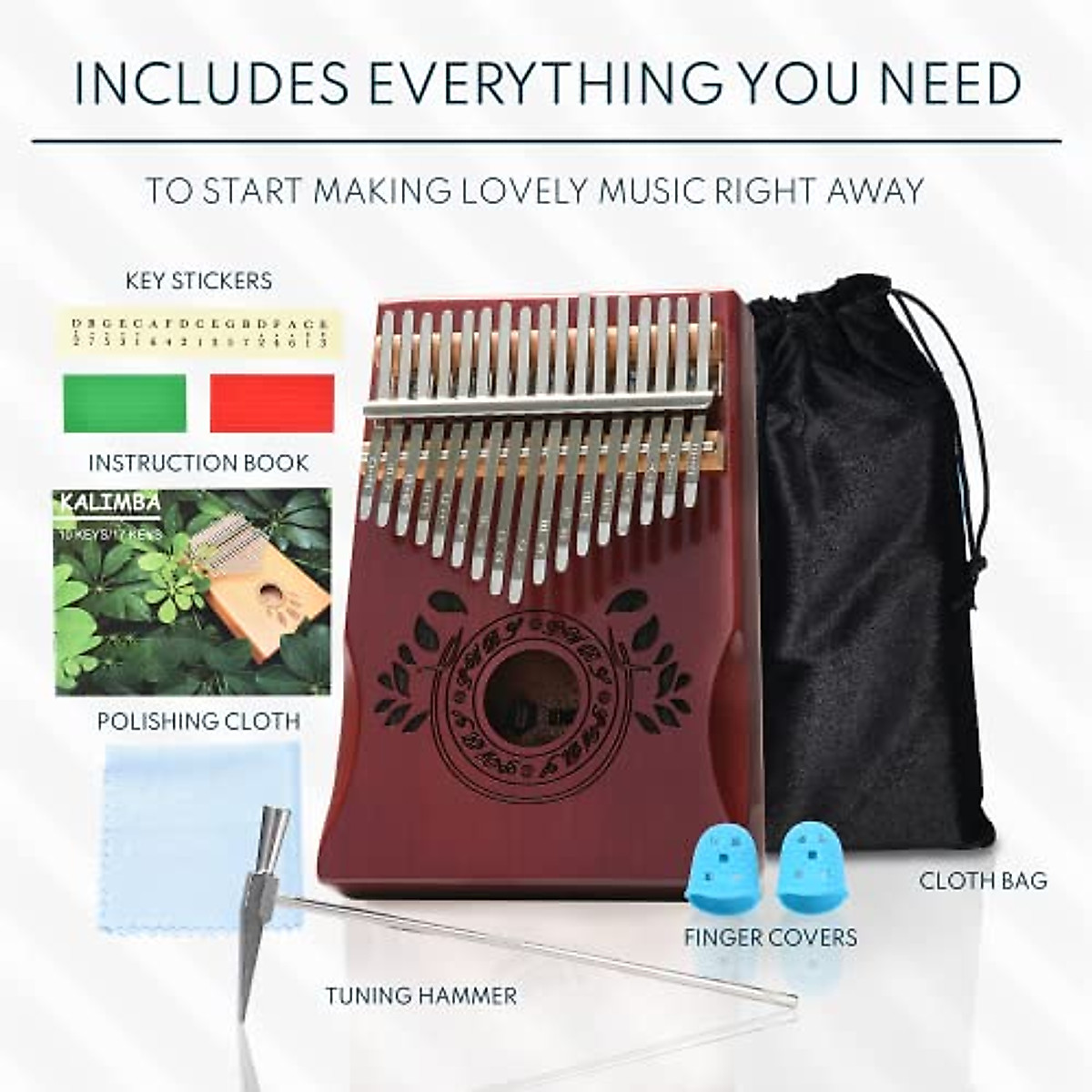 UNOKKI 17 Key Kalimba Thumb Piano For Adults & Kids with Hand Rest; Mahogany Mbira (Cherry Finish); Tuning Hammer, Finger Covers, Key Stickers & More Included; Christmas Stocking Stuffer Gift