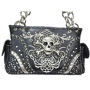 Zzfab Embroidered Concealed Carry Western Handbag Rhinestone Studded Skull Purse