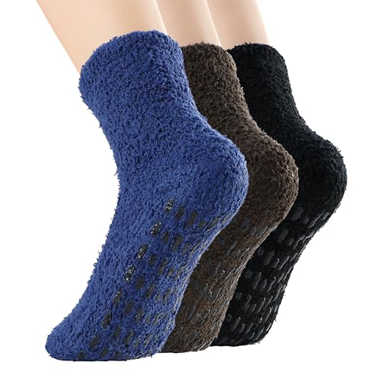 Zando Non Slip Fluffy Socks Warm Fuzzy Socks with Grip Slipper Socks for Men Winter Cozy Socks No Skid Cozy Socks for Men Slipper Socks Hospital Socks Warm Socks 3 A Blue One Size