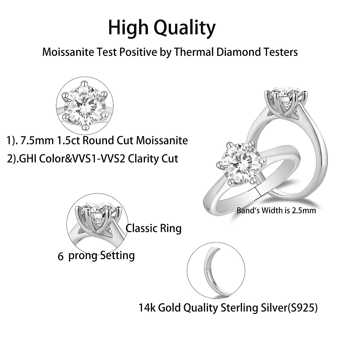 DovEggs Sterling Silver 1.5ct 3mm Band Width 7.5mm G-H-I Color Moissanite Engagement Rings for Women (7.5)