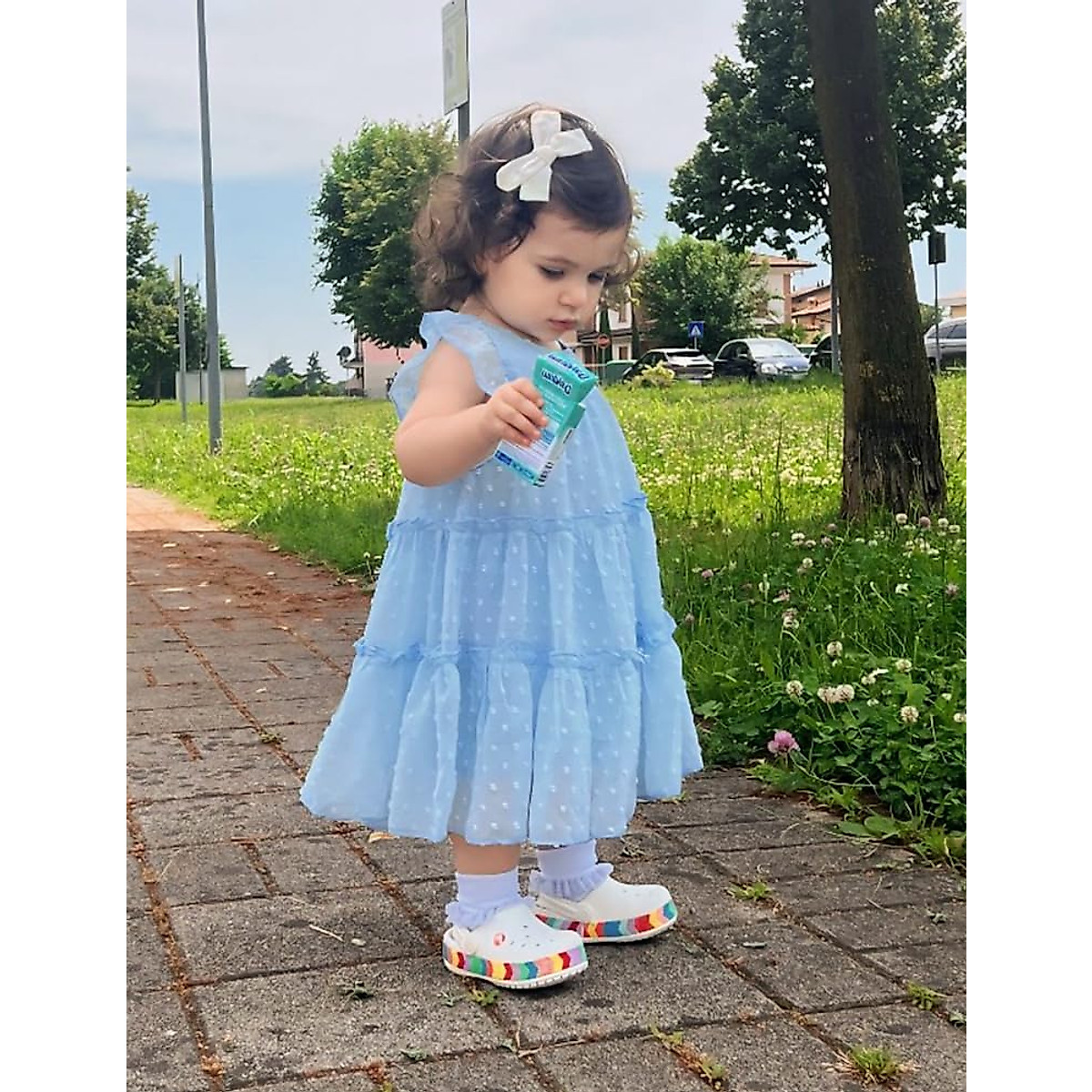 AGQT Toddler Girls Summer Dress Loose Fit Swiss Dots Flowy Pleated Dress Ruffle Babydoll Birthday Chiffon Dress Ligh Blue Size 1-2T