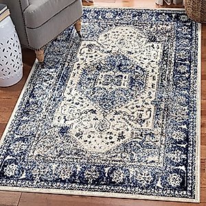 Persian-Rugs Distressed Ivory 5x7 Area Rug, Blue French Country Rug for Living Room and Kitchen