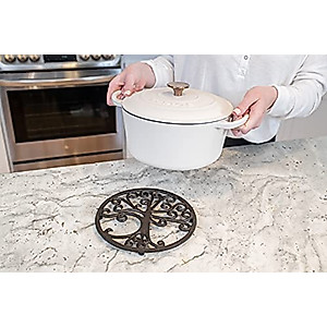 gasaré, Cast Iron Trivet for Hot Dishes, Pots, and Pans, Metal Trivet, Tree of Life Design, Rubber Feet Caps, Ring Hanger, 8 Inches, Brown, 1 Unit
