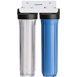 Aquasure Fortitude Dual High Flow Whole House Water Filter with High Capacity Pleated Sediment + 5 Micron Carbon Block - 20" x 4.5"