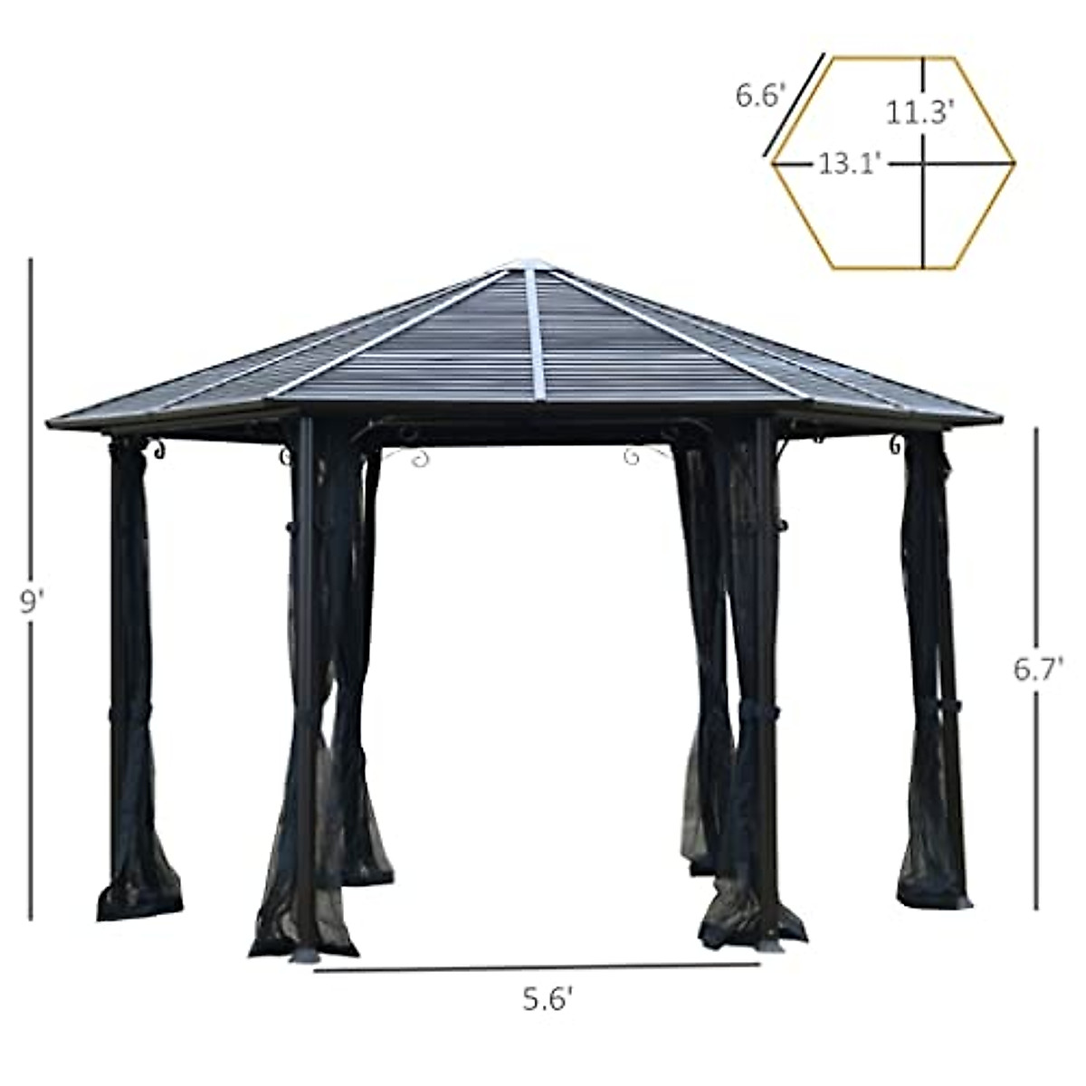 CZDYUF 13' X 13' Hardtop Hexagonal Gazebo Canopy with Steel Roof, Heavy-Duty Aluminum Alloy Frame Ventilating Mesh Sidewalls