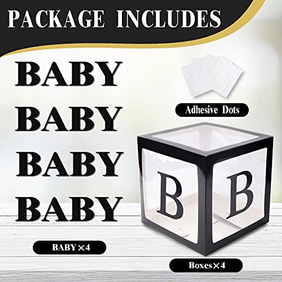 Baby Boxes with Letters for Baby Shower, 4 Transparent Balloon Boxes with 16 Letters for Boys & Girls Birthday, Gender Reveal Decorations and Wedding Party(Black)
