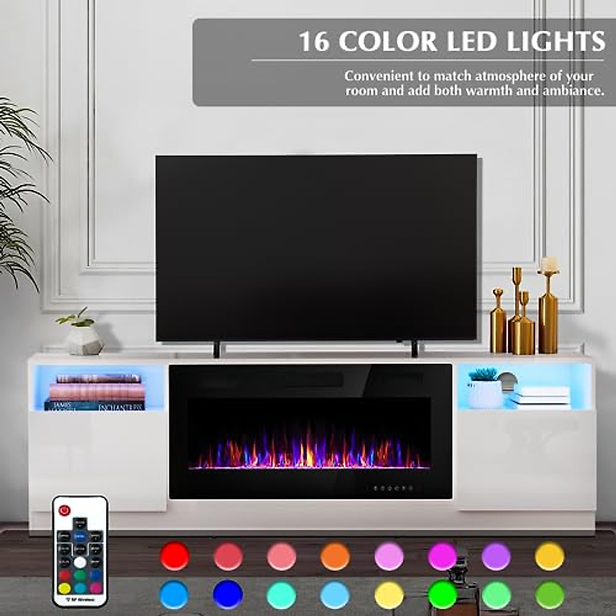 Lemberi Fireplace tv Stand with 36 inch Fireplace Up to 80" TVs,LED Light Entertainment Center and Storage, 70" Modern Wood Media TV Console with Highlight Cabinet for Living Room (White)