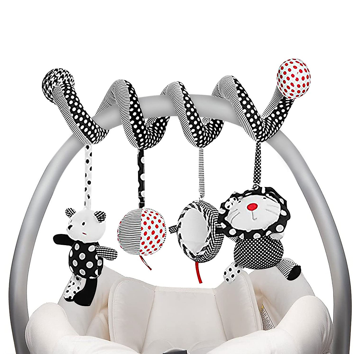 Genius Baby Toys Car Seat Toys for Infants - High Contrast Colors That Baby Sees Best - Easy to Attach - Car Seat Toy to Entertain Baby During Car Rides - Includes 4 Removable Toys on Spiral