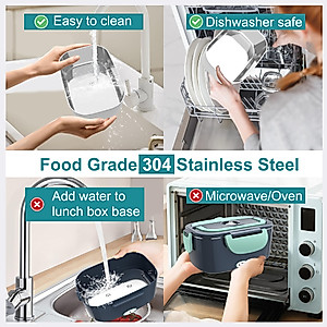 Electric Heated Lunch Boxes Adults: 80W Electric Lunch Box Food Heated 12/24/110V 1.5L Heatable Lunch Box for Car/Truck/Office Leak-Proof Stainless Steel Container, Fork & Spoon, Bag (Grey+Green)