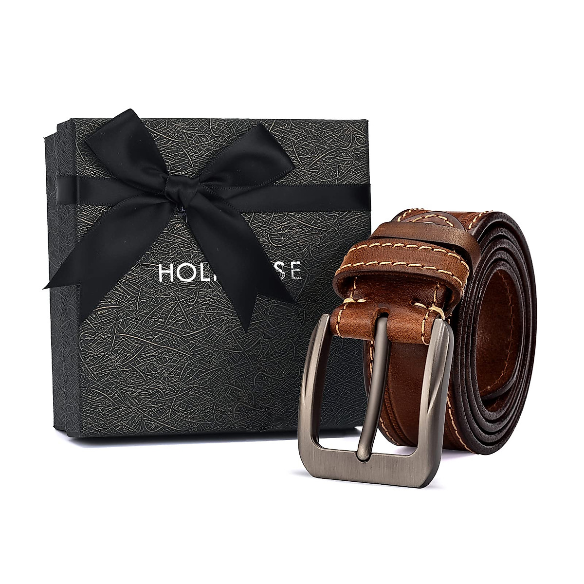 HOLMANSE Italian Full Grain Leather Casual Jean Belt Men Genuine Real Leather Western Golf Cowboy Belt Gift Box Packaging