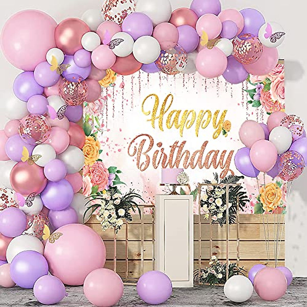 Pink Happy Birthday Backdrop, Floral Gold Glitters Birthday Banner with Rose Flower Birthday Decorations, Large Happy Birthday Photo Yard Sign Backgroud Party Supplies for Women Girls, 70.8x43.3 Inch