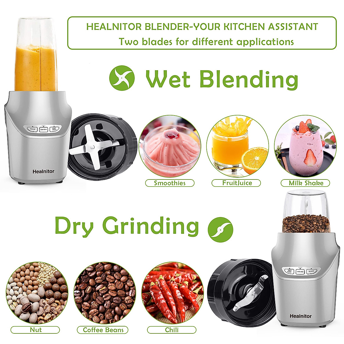 1000W Large Natural Bullet Blender for Shakes and Smoothies, Healnitor Countertop Mixer with Blending and Grinding Blades for Kitchen, Tritan 32+15 Oz Travel Bottles for Fruits, Coffee, Silver