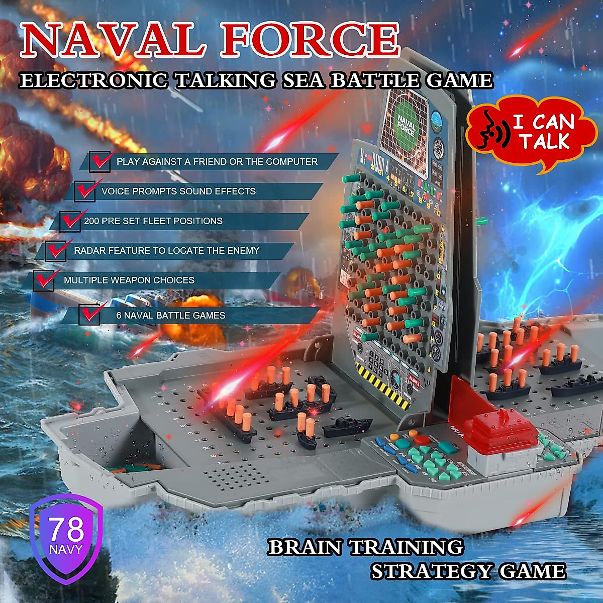 LEVEROAM Talking Sea Battle Board Game with Light and Sound Effects, Electronic Naval Battle with 200 Pre-Set Fleet for Easy Use, Logicality Training, 1-2 Players Perfect Christmas or Birthday Gift