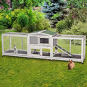 Esright Rabbit Hutch 94.5'' Bunny Cage Two Run Cage Outdoor Wooden Small Animal House on Run, with Removable Tray & Anti-Slip Ramp