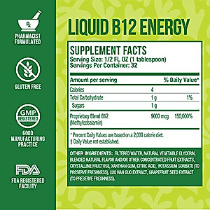 NUTZ ABOUT HEALTH B12 Liquid Vitamin 9000 mcg - Made in USA, High Potency All Natural Vitamins, Gluten Free, All Day Energy & Mental Clarity, 16 fl oz (32 Daily Servings)